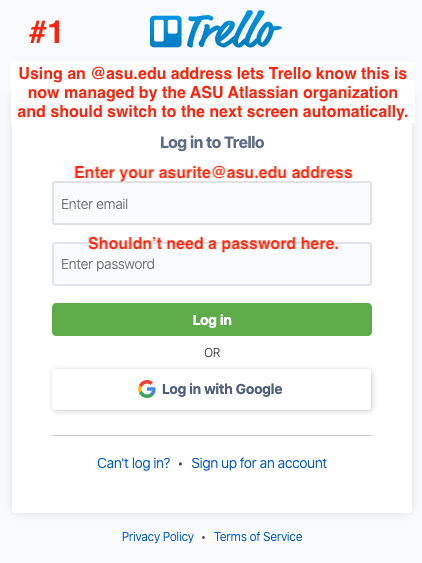 Logging into your "asudev" Trello account